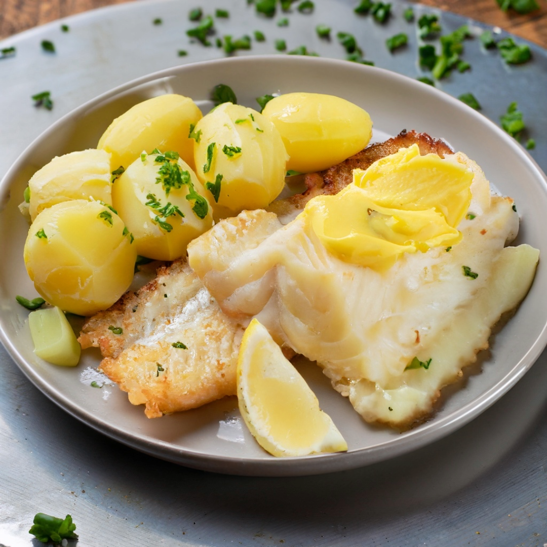 Stekt torskrygg med citronsmör och kokt potatis – Miljöfiskbilen
